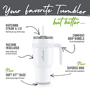 REDUCE Cold1 40 oz Tumbler with Handle - Vacuum Insulated Stainless Steel Water Bottle for Home, Office or Car, Reusable Mug with Straw or Leakproof Flip Lid, Keeps Drinks Cold All Day- Gloss White