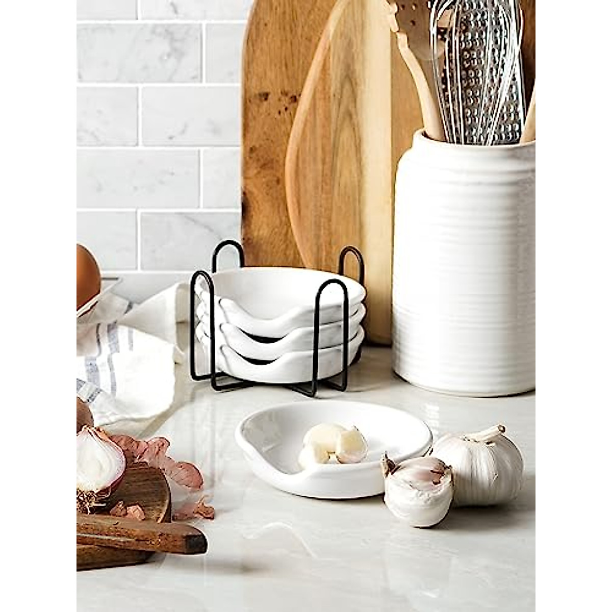 LE TAUCI Ceramic Spoon Rest with Holder, 4.8 Inches Spoon Holder for Stove Top, Coffee Spoon Rest, Housewarming Gifts for New House, House Warming Gifts, Set of 4, White