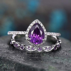 Sdouefos 2Pcs Womens Purple CZ Engagement Rings 925 Sterling Silver Shining Amethyst Ring Tear Drop Shape Cubic Zirconia Promise Rings Set(US Code 9)
