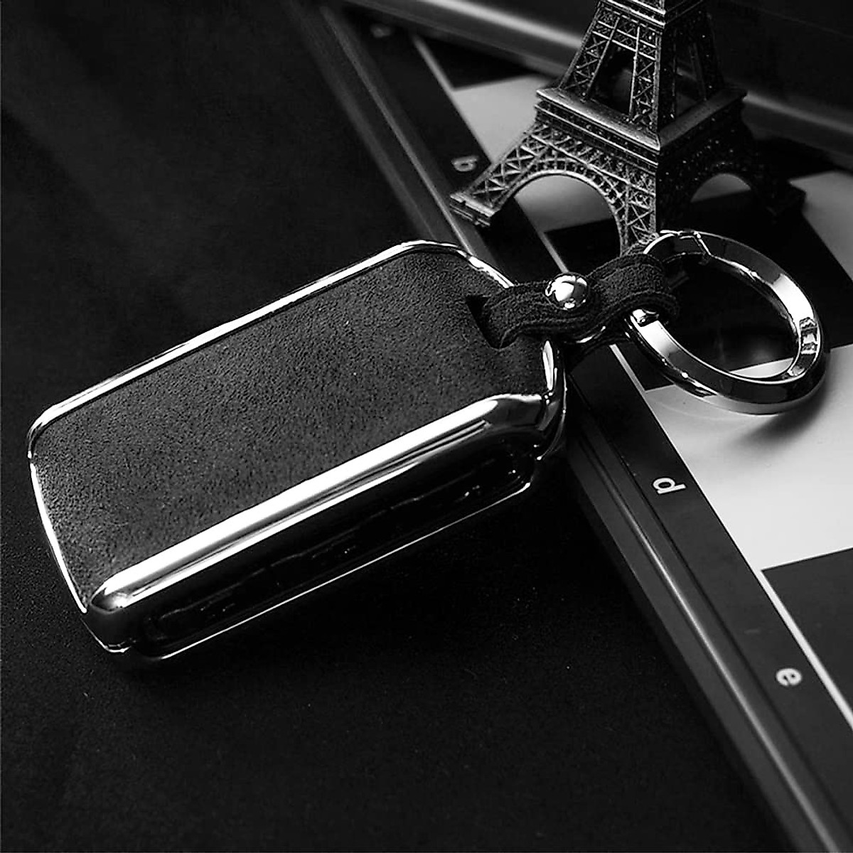 SANRILY 1Pcs Suede Leather Smart Key Fob Cover for Volvo XC90 2018 XC60 S90 V90 2019 2020 Keyless Keychain Holder Full Protection Key Fob Shell Case Black