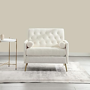 Guyou Modern Accent Chair, White Sherpa Upholstered Tufted Armchair Reading Chair Sofa Chair with Removable Cushion and Gold Legs for Living Room Bedroom Office Chatting Room