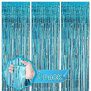 3 Pack Foil Fringe Backdrop Curtains - Light Blue Tinsel Streamers for Birthday Graduation Class Disco Bachelorette New Year Party Decorations