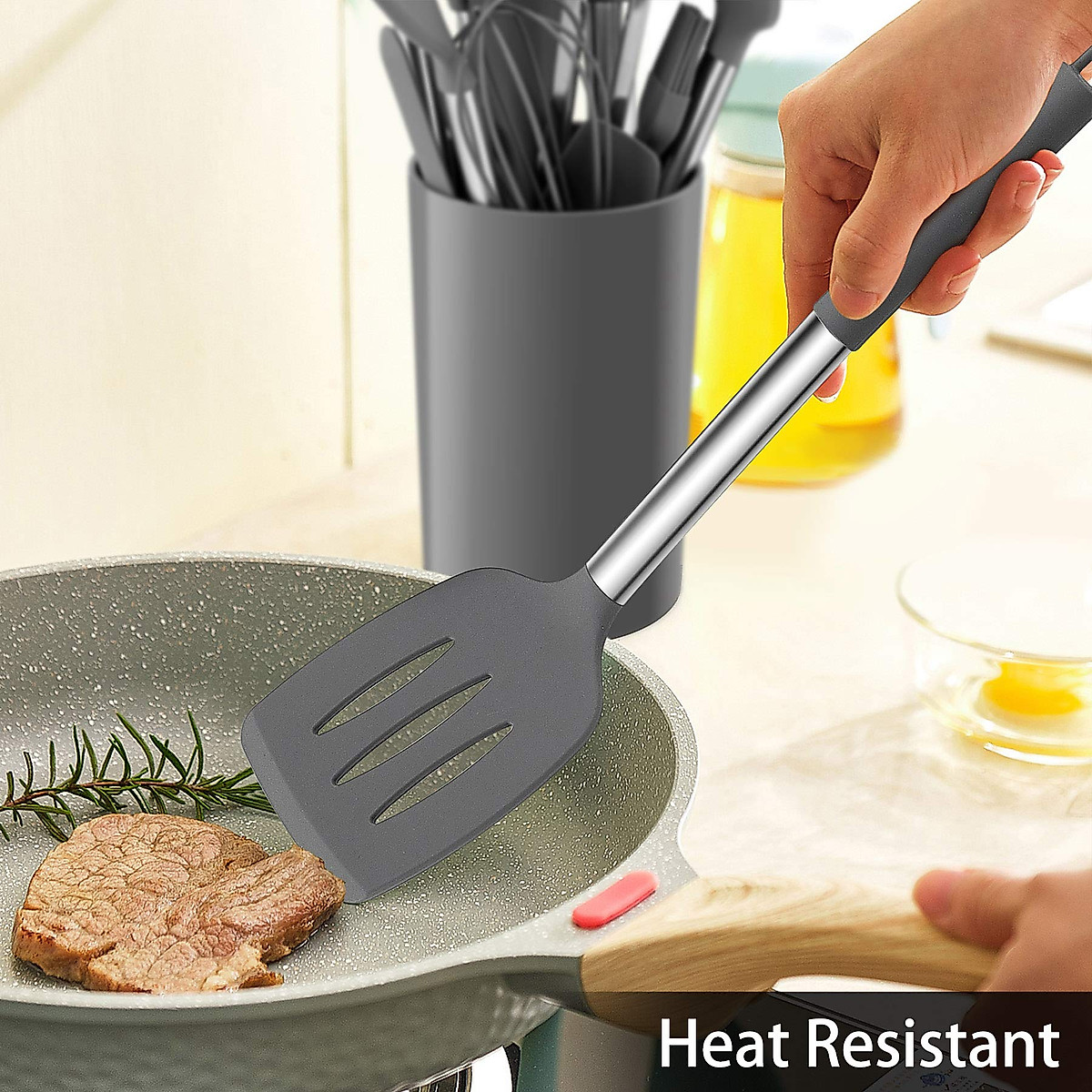 LIANYU 15-Piece Cooking Kitchen Utensils Set with Holder, Silicone Kitchen Tools Stainless Steel Handle, Slotted Spatula Spoon Turner Tong Whisk Brush for Cooking, Gray