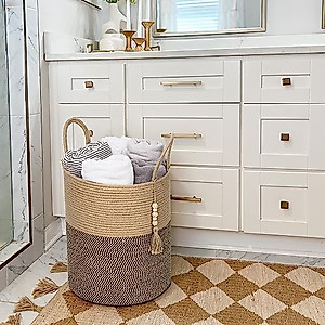 CherryNow Tall Laundry Hamper Woven Storage Basket, Shoe Basket for Entryway, Blanket Basket Living Room, Decorative Basket for Toys, Clothes, 15 x 17.7 Inches, Black & Jute