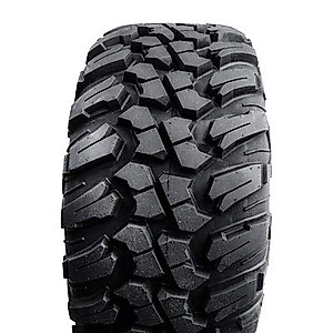 Four 28x10-14 Tusk TERRABITE Heavy Duty 8-Ply Radial UTV Tires mounted on Tusk TINTIC Wheels - For KAWASAKI TERYX 750 800 - Includes Lug Nuts (4+3 Wheel Offset, Milled Black)