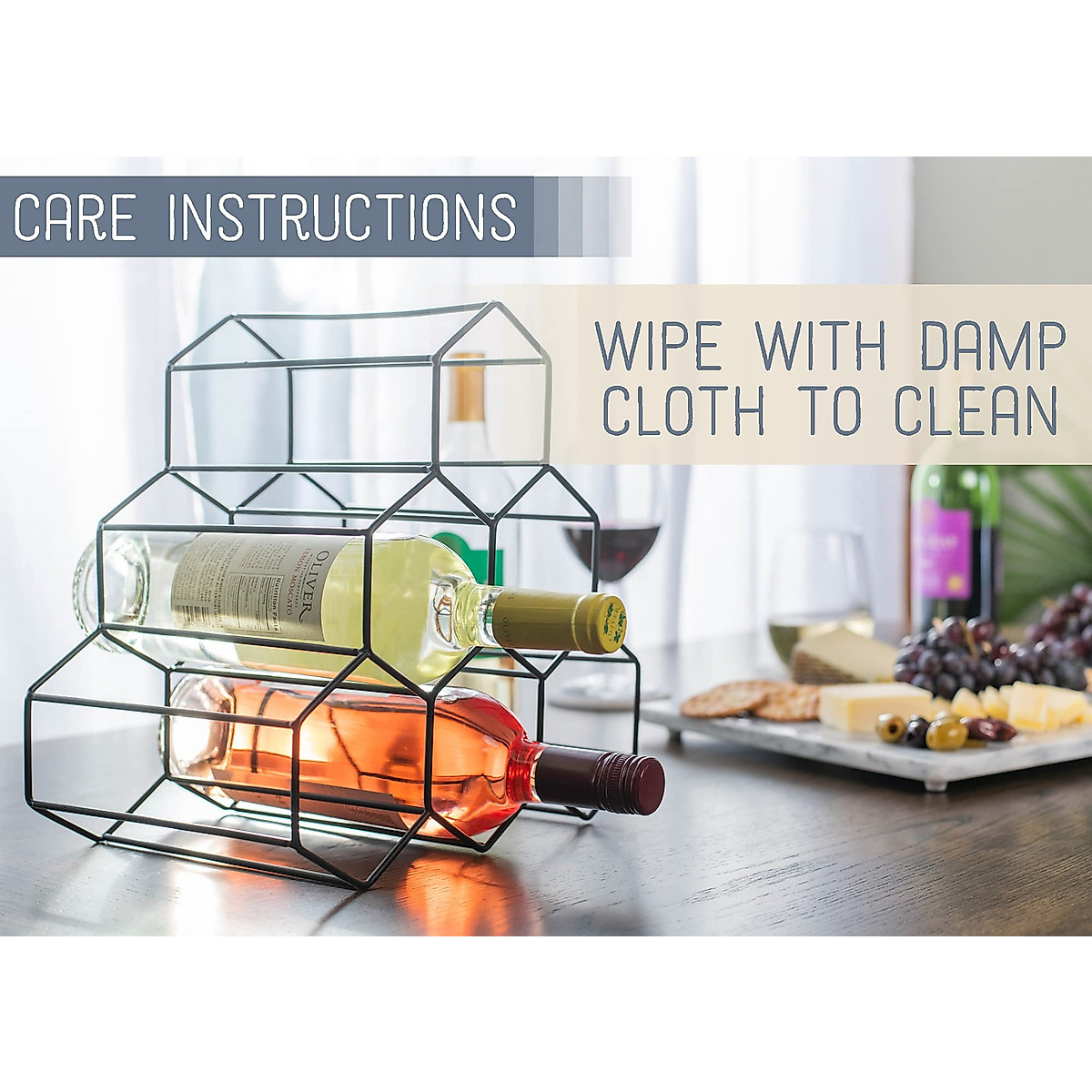 NAT & Jules Honeycomb Black Iron Metal Tabletop Wine Rack - Perfect for Kitchen Countertop, Pantry or Cabinets Display or Storage - Hold 6 Bottles, Black