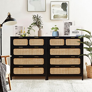 LEVNARY 4 Drawer Dresser Set of 2, Rattan Dressers Storage Cabinet with Metal Handles, Wooden Chest of Drawers Dresser for Bedroom, Entryway, Living Room, Hallway (2, Black)