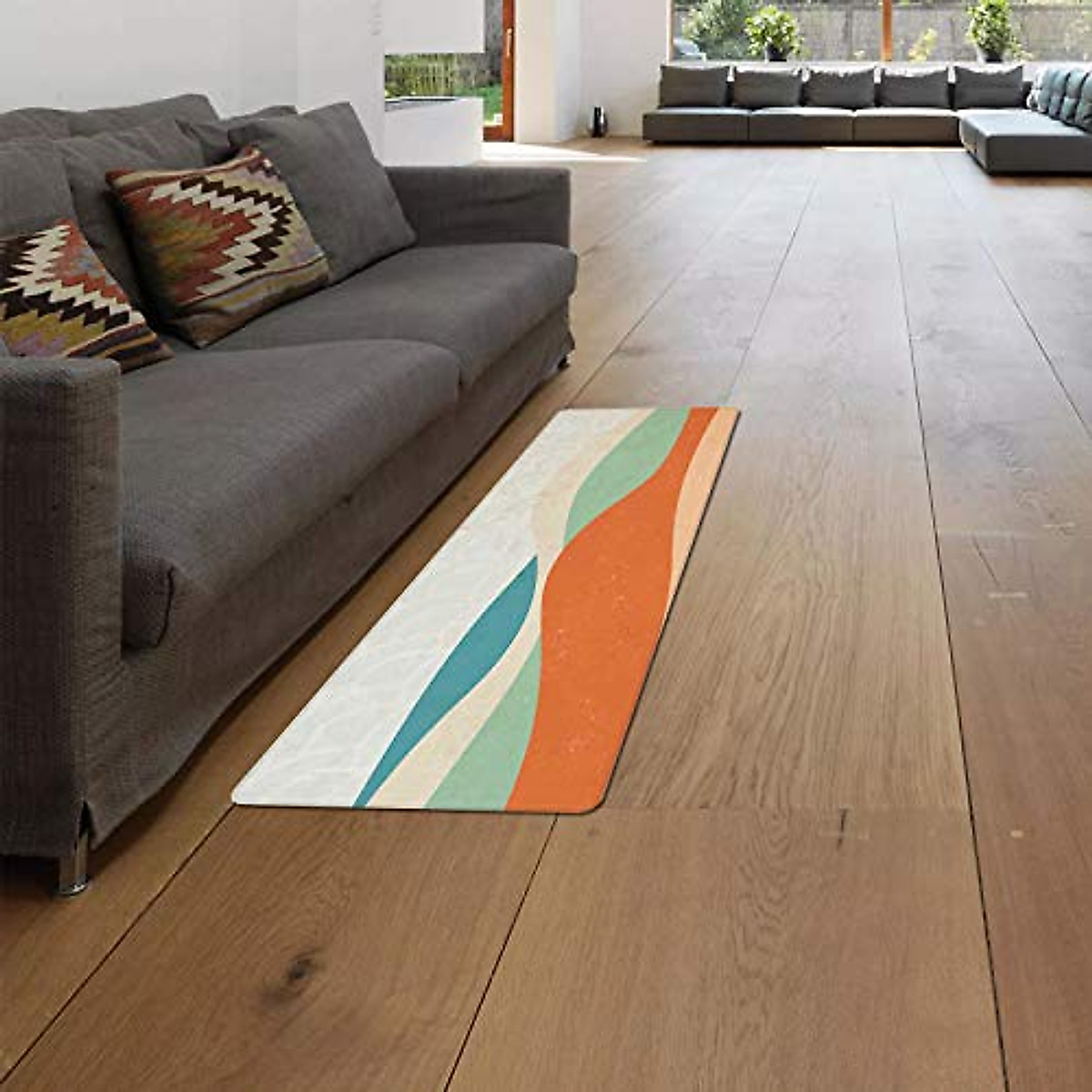 2 Pieces Kitchen Rugs Set Mid Century Modern Boho Orange Geometric Area Rug,Absorbent Bath Mats Soft Doormat Anti Fatigue Floor Mat Minimalist Retro Abstract Art,Non-Slip Cushion Standing Mats