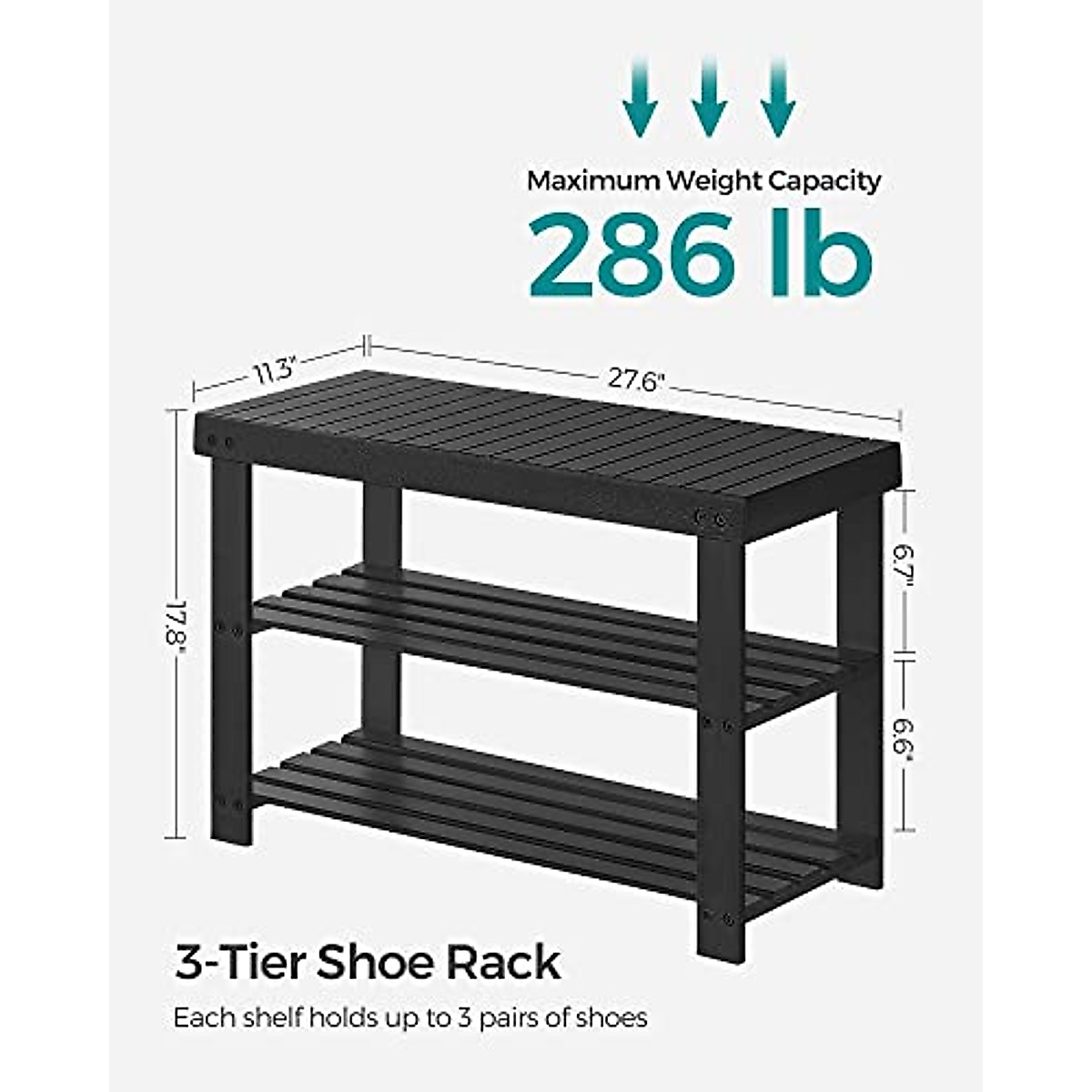 SONGMICS Shoe Rack Bench, 3-Tier Bamboo Shoe Storage Organizer, Entryway Bench, Holds Up to 286 lb, for Entryway Bathroom Bedroom, Black ULBS04H