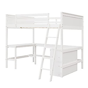 GYYBED Full Size Wooden Loft Bed with 3 Storage Shelves and Built-in L-Shape Desk for Kids Teens Adults Full Size loft Bed with Desk Full Size loft Bed loft Bed with Desk(White + Wood)