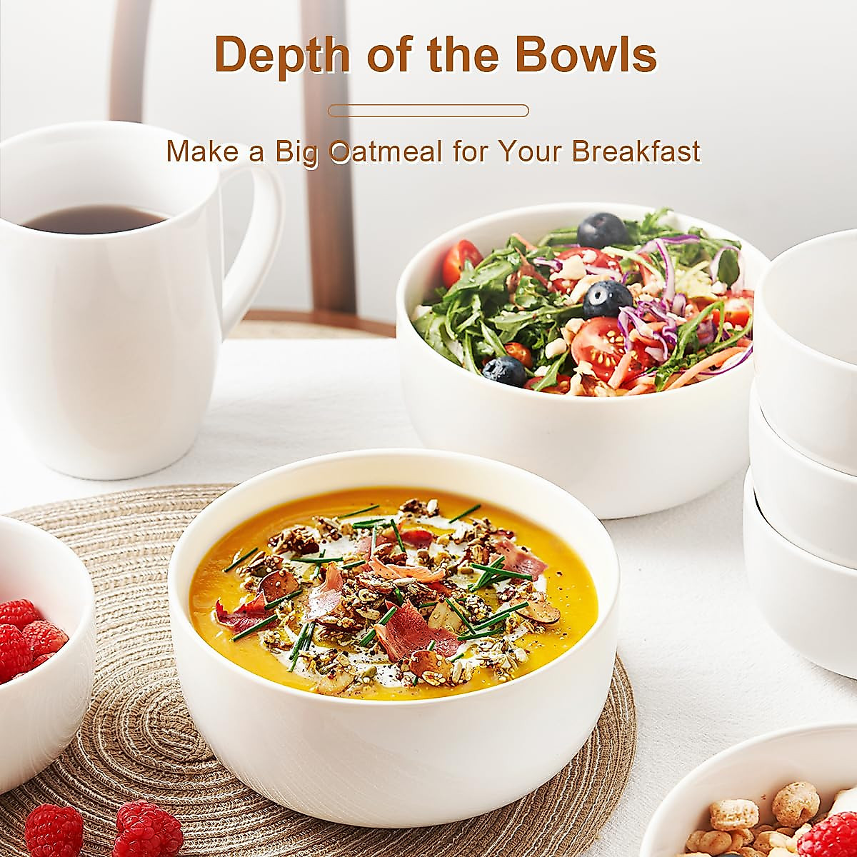 Jassceram Cereal Bowls Set of 6, 30 Oz Ceramic Bowls for Soup, Salad, Dessert, Oatmeal and Breakfast, Suitable for Kitchen or Dining - Dishwasher & Microwave Safe, 6 Inch, White