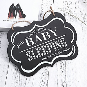 WINOMO Baby Sleeping Sign for Door "shhh BABY SLEEPING please knock softly" Funny Wooden shhh Baby Sleeping Sign for Front Door Bedroom Door