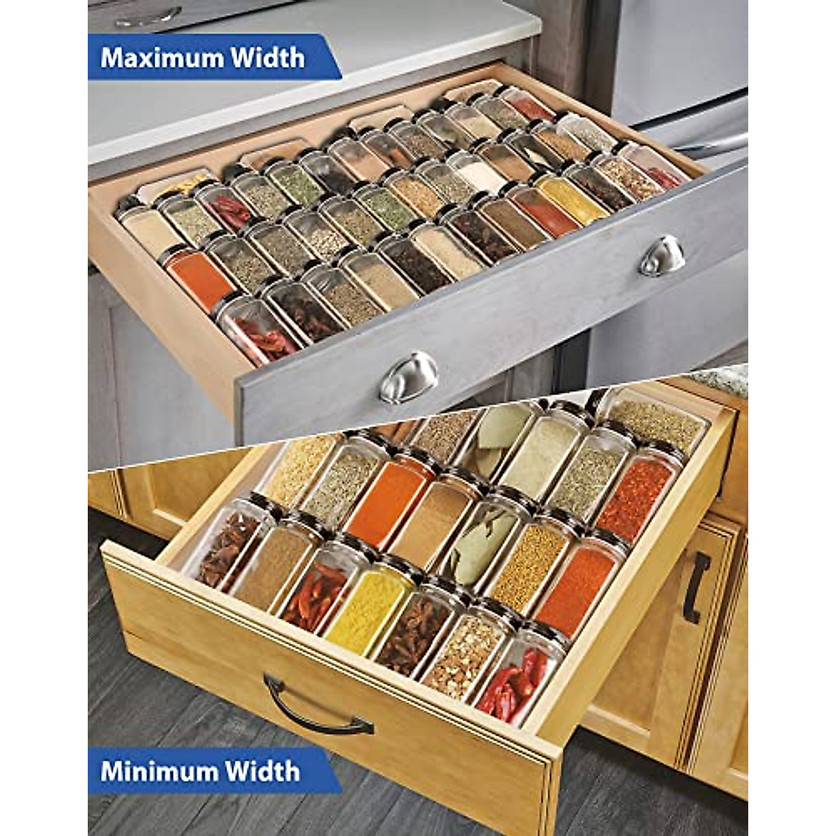 QIZENME Adjustable Spice Rack, 4 Tier Expandable Tray Drawer Organizer 12" to 24" Stackable Tray, Spice Storage Organizer Insert, for Spice Jars, Vitamins, Seasonings Kitchen Drawer Cabinet 2 Pack