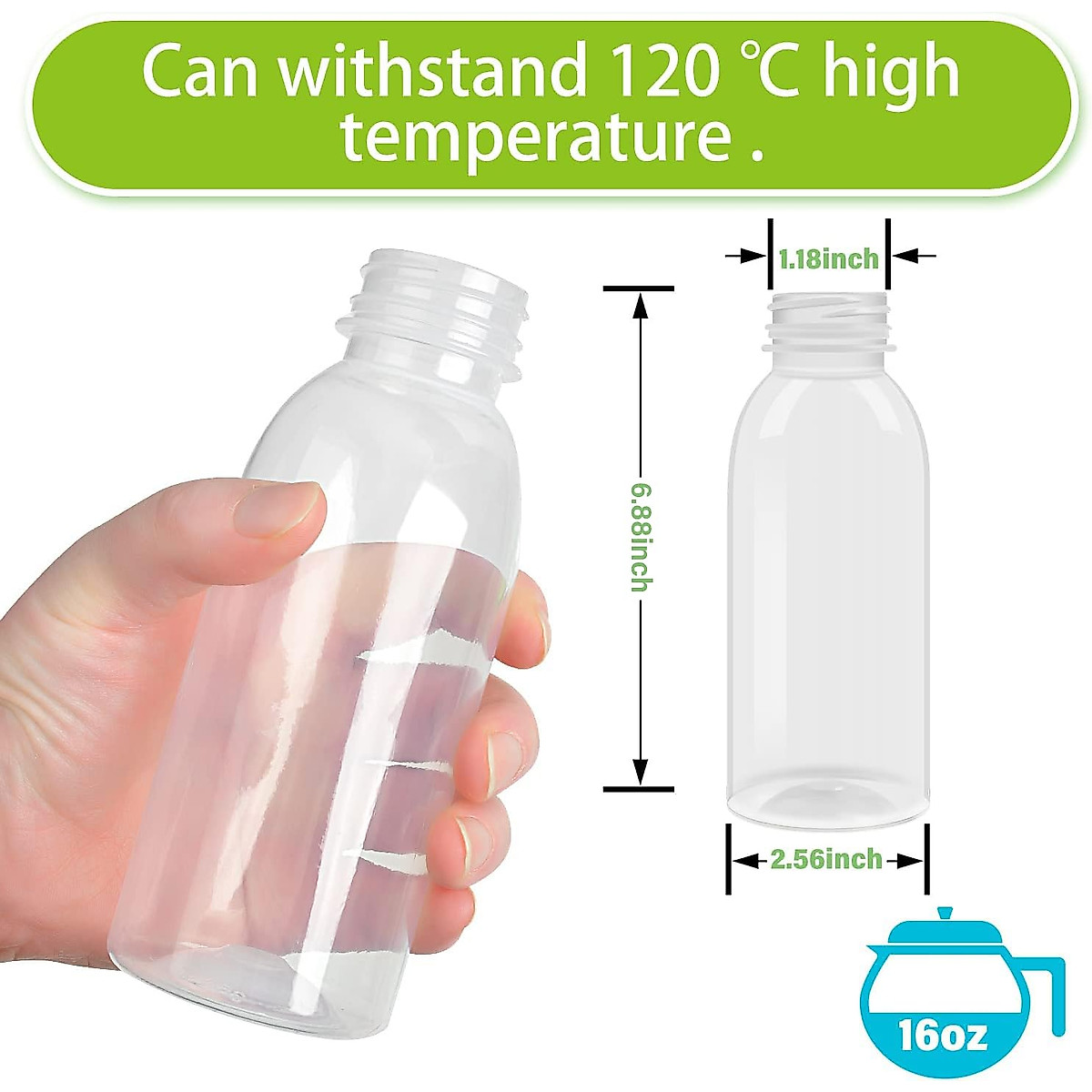 EONJOE Dishwasher Safe 16oz Plastic Bottles with Caps Reusable BPA Free PP5 Juice Milk Water Smoothie Bottle Heat-Resistant Refillable
