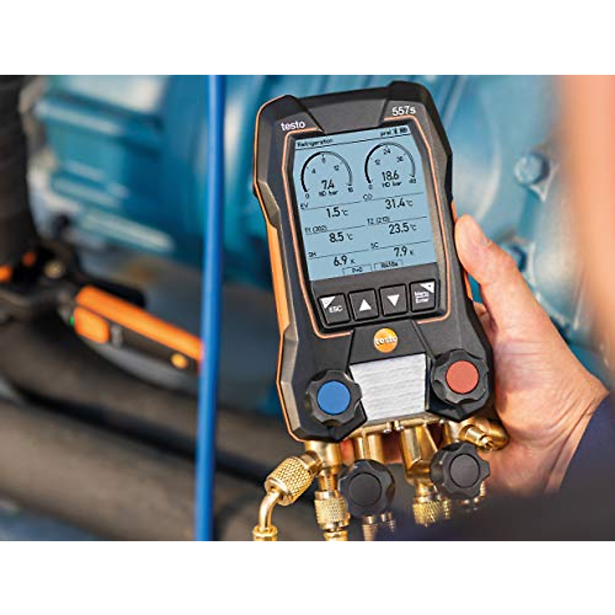 Testo 557s Kit I App Operated Digital Manifold, 2 x testo 115i Pipe Clamp Thermometer, 1 x testo 552i Micron Gauge, 4 x Hoses I for HVAC Systems – with Bluetooth