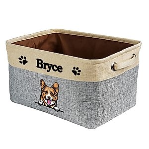 MALIHONG Personalized Foldable Storage Basket with Funny Dog Pembroke Welsh Corgi Collapsible Sturdy Fabric Pet Toys Storage Bin Cube with Handles for Organizing Shelf Home Closet, Grey and White