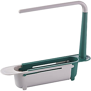 Adjustable Telescopic Sink Storage Organizer Rack Sponge Soap Drain Basket Expandable Organizer for Home Kitchen with Dish Cloth Hanger (Green)