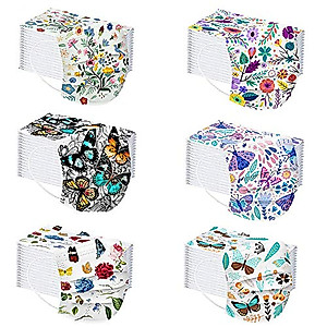 Disposable Face Masks, Yassk 3 Layer Butterfly Printed Face Masks with Elastic Ear Loop, Breathable Masks-Dust Air Pollution Protection for Adults (Butterfly-C)