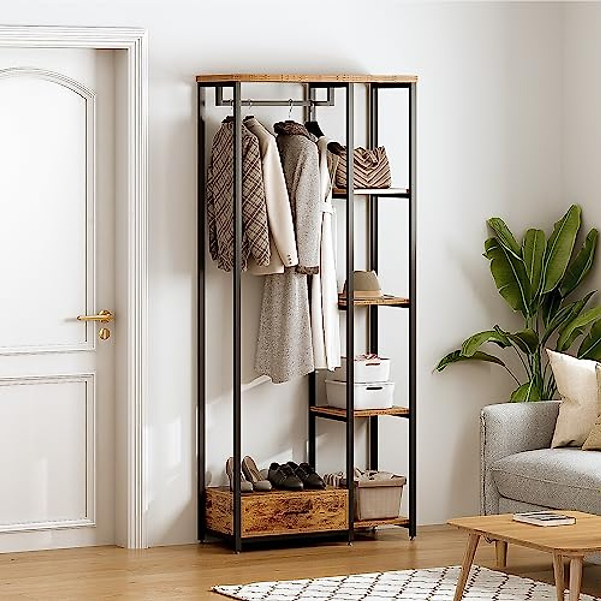 soges Free-Standing Garment Rack, Clothing Rack Clothes Organizer with 5-Tier Shelves,Hanging Rod and Drawer, Open Wardrobe Closet Storage Organizer,Portable Coat Rack, 10JYBJCR03TK