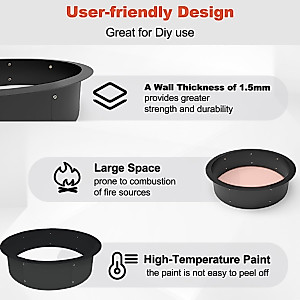 Koutemie Outdoor Fire Pit Ring Liner 40-Inch Outer/36-Inch Inner Diameter, Heavy Duty Solid Metal Steel Round Firepit Rim Insert for Outside DIY Campfire Ring Above or In-Ground, Black