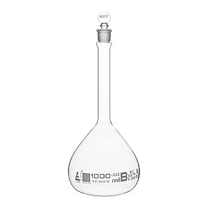 EISCO Volumetric Flask, 1000ml - Class A, ASTM - Tolerance ±0.300 ml - Glass Stopper - Single, White Graduation