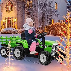 Nasitip 12V Battery Powered Electric Tractor with Trailer, Toddler Ride On Car w/Remote Control/7-LED Headlights/2+1 Gear Shift/MP3 Player/USB Port for Kids 3-6 Years (Green, 25W/Tread Tire)