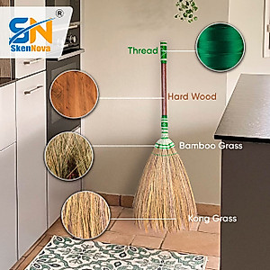 SN SKENNOVA - 28-29 inch Tall of Asian Straw Broom Thai Natural Grass Broom Whisk Broom Solid Wood Handle
