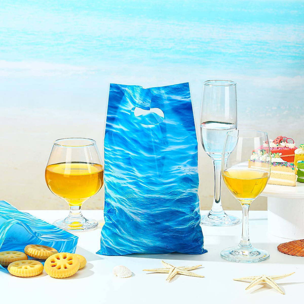 Sweetude 50 Pcs Ocean Waves Party Gifts Bags Goodie Bags with Handles Plastic Under the Sea Ocean Waves Reusable Treat Bags Gift Bags Blue Pool Party Favor Bags for Ocean Theme Birthday