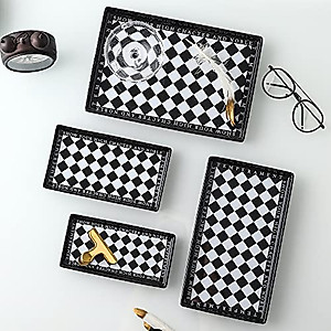 Redelaenor Ring Dish Rectangular Trinket Jewelry Tray Ceramic Dresser Bathroom Vanity Storage and Holder Black and White Grid Medium