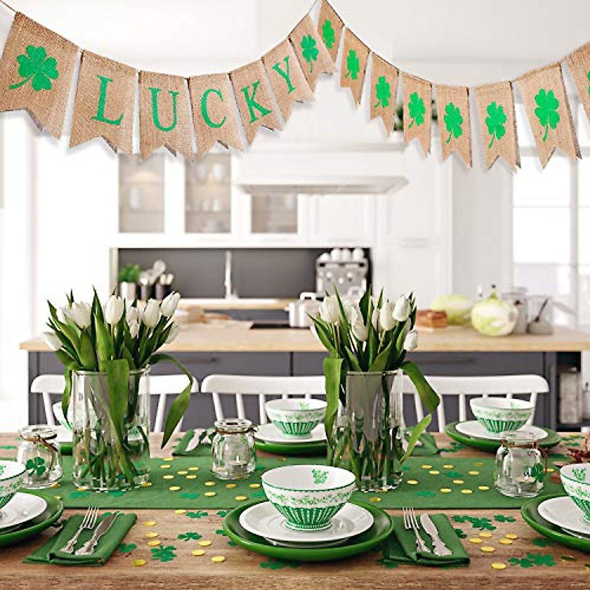 TecUnite 2 String St. Patrick's Day Banners Lucky Garland and Four Leaf Clover Shamrock Banner Irish Burlap Banner for St. Patrick's Day Decoration (Style B)