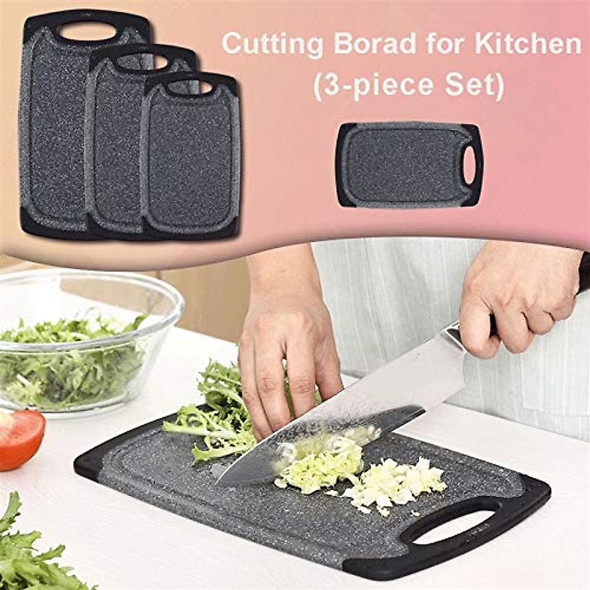 GULRUH Wood Cutting Boards for Kitchen, 3pc Cutting Board Black Pp Kitchen Cutting Board Set Hanging Grooved Non-Slip Kitchen Cutting Board Set Chopping Board Tools