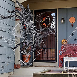 YUJUN Halloween Giant Spider Decorations 59'', Halloween Web Decor Scary Giant Spider with 100PCS Small Fake Plastic Spiders 275'' Giant Spider Webs for Halloween Outdoor and Indoor Decoration