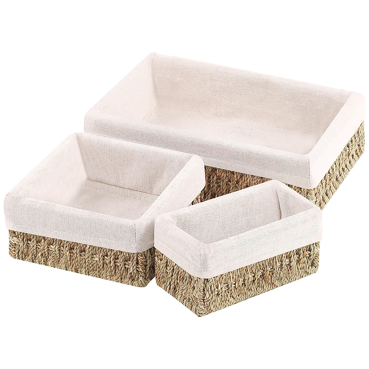 OUTBROS Wicker Storage Basket, Decorative Storage Baskets With Liner for Shelves,Toilet Paper Baskets,Storage Basket for Toilet Tank Top, 3-Pack,Seagrass