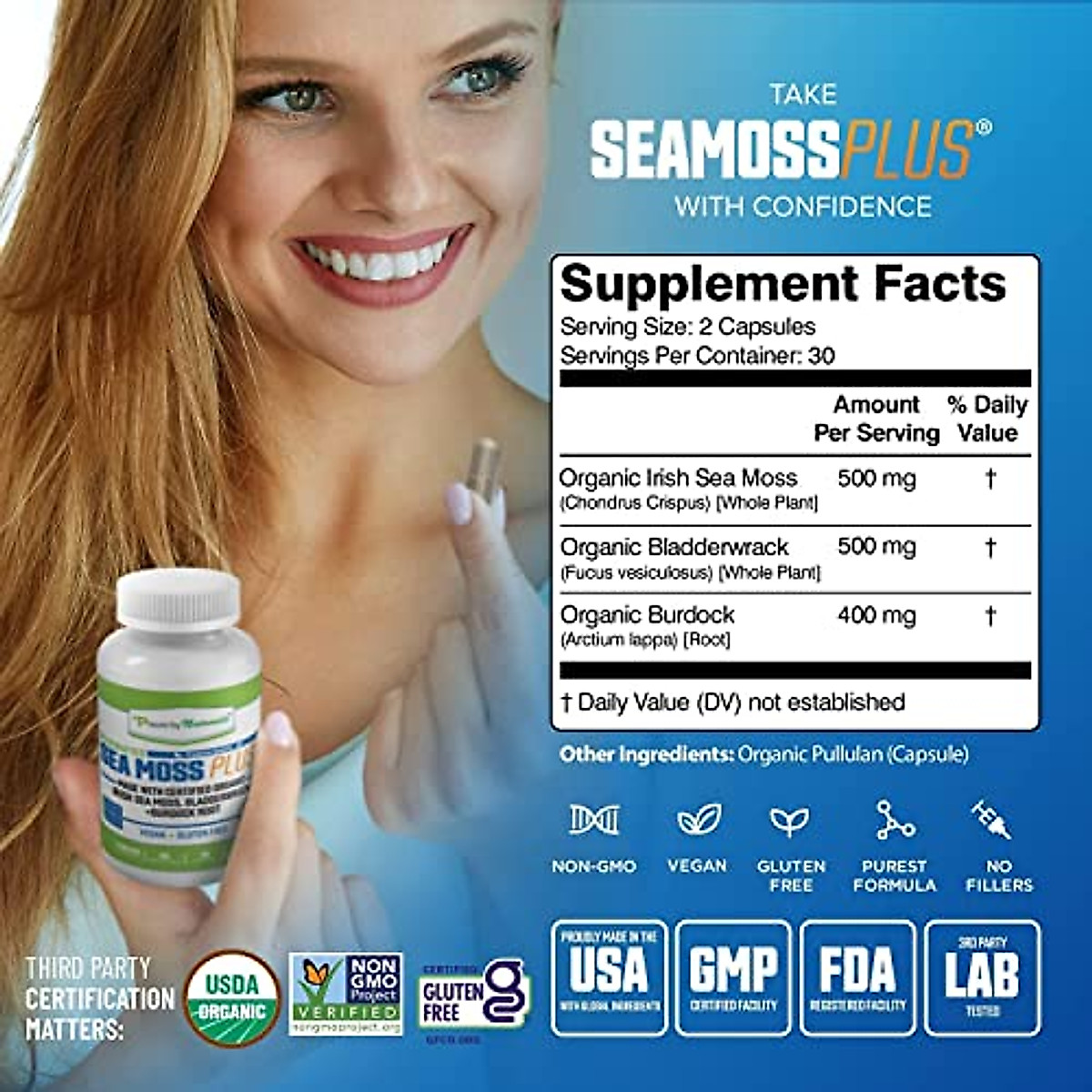 Power By Naturals USDA Organic Sea Moss Plus Bladderwrack and Burdock Root Capsules for Gut Health, Immune Support & Thyroid Supplement (Pure, No Fillers, Wildcrafted Irish SeaMoss Pills) 60Ct.