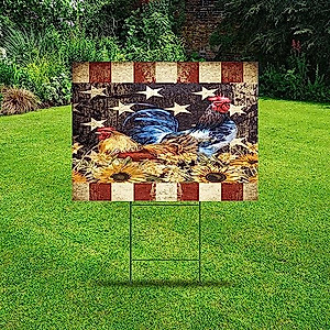 America 4th of July Patriotic Rooster Yard Lawn Sign 18x24 Inch Patriotic US American Flag Custom Yard Sign for House Rent Outdoor Decoration