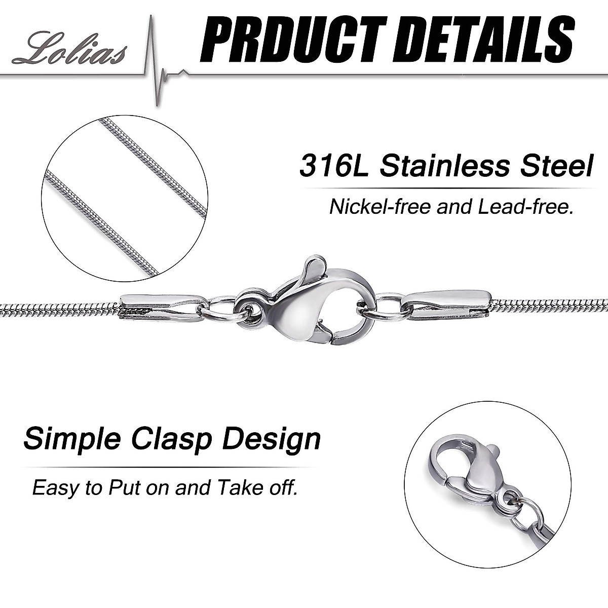 LOLIAS 2 Pcs Stainless Steel 1mm Round Snake Chain Box Chain Necklace Super Thin & Strong,18 Inch