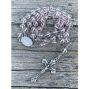 Nazareth Store Pink Pearl Beads Rosary Handmade Prayer Beaded Necklace with Miraculous Medal and Silver Cross