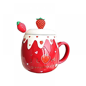 Mozacona Ceramic Mug Strawberry Love Coffee Cup Water Cup with Strawberry Lid and Spoon