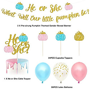 Pumpkin Gender Reveal Party Decoration Fall Baby Shower Banner He Or She Cake Cupcake Topper Pink Blue Balloons Boy Or Girls Sex Announcement Ideas Favor Supplies
