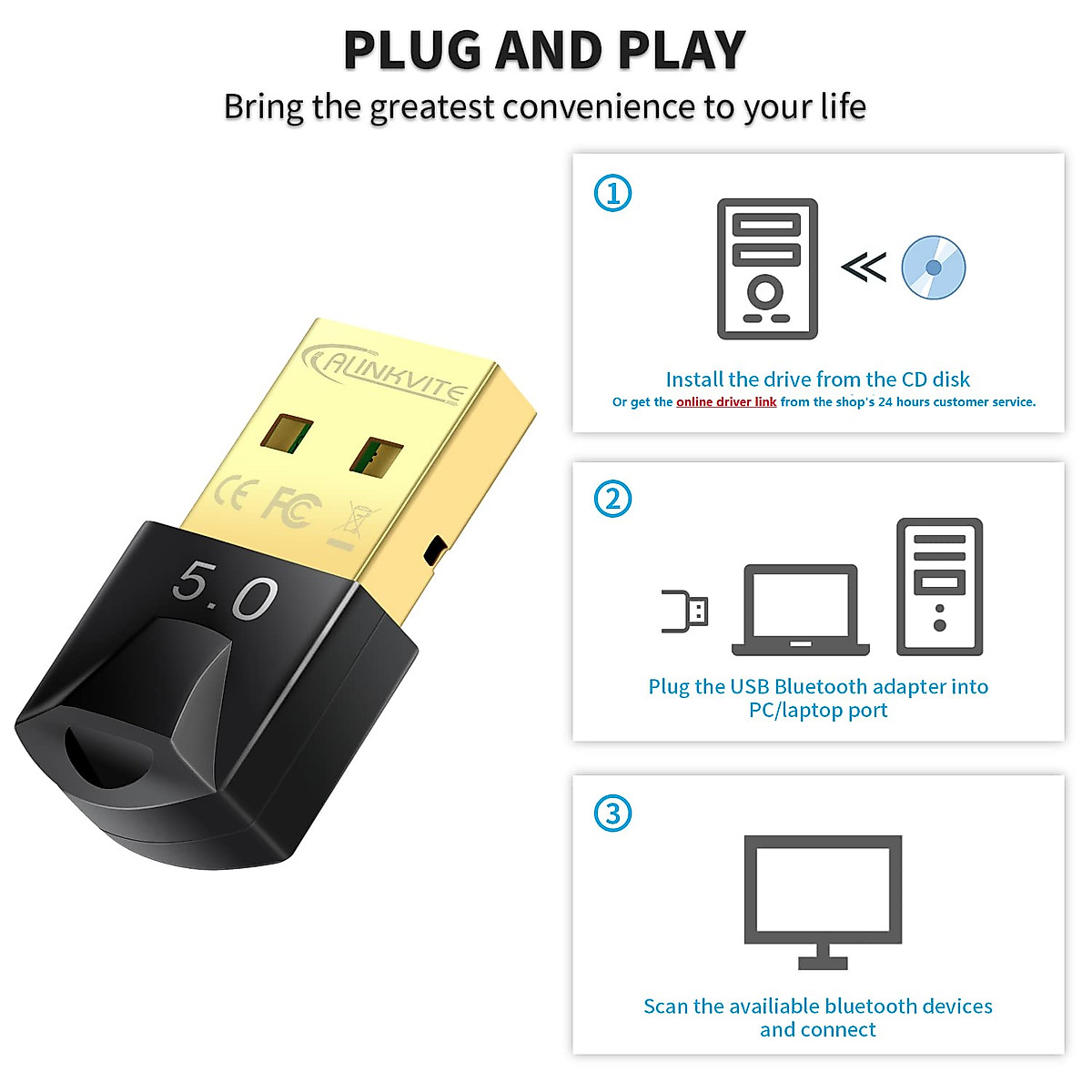 Bluetooth Adapter for PC 5.0, ALINKVITE Bluetooth Adapter for Win 11/10/8.1/8/7, Bluetooth Dongle with Ultra-Range, Mini-Sized, Dual-Mode, Bluetooth Dongle for PC