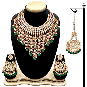 Aheli Elegant Indian Wedding Wear Faux Kundan Studded Choker Necklace with Maang Tikka Set Ethnic Fashion Jewelry for Women (Green Kundan & Pearl Drop)