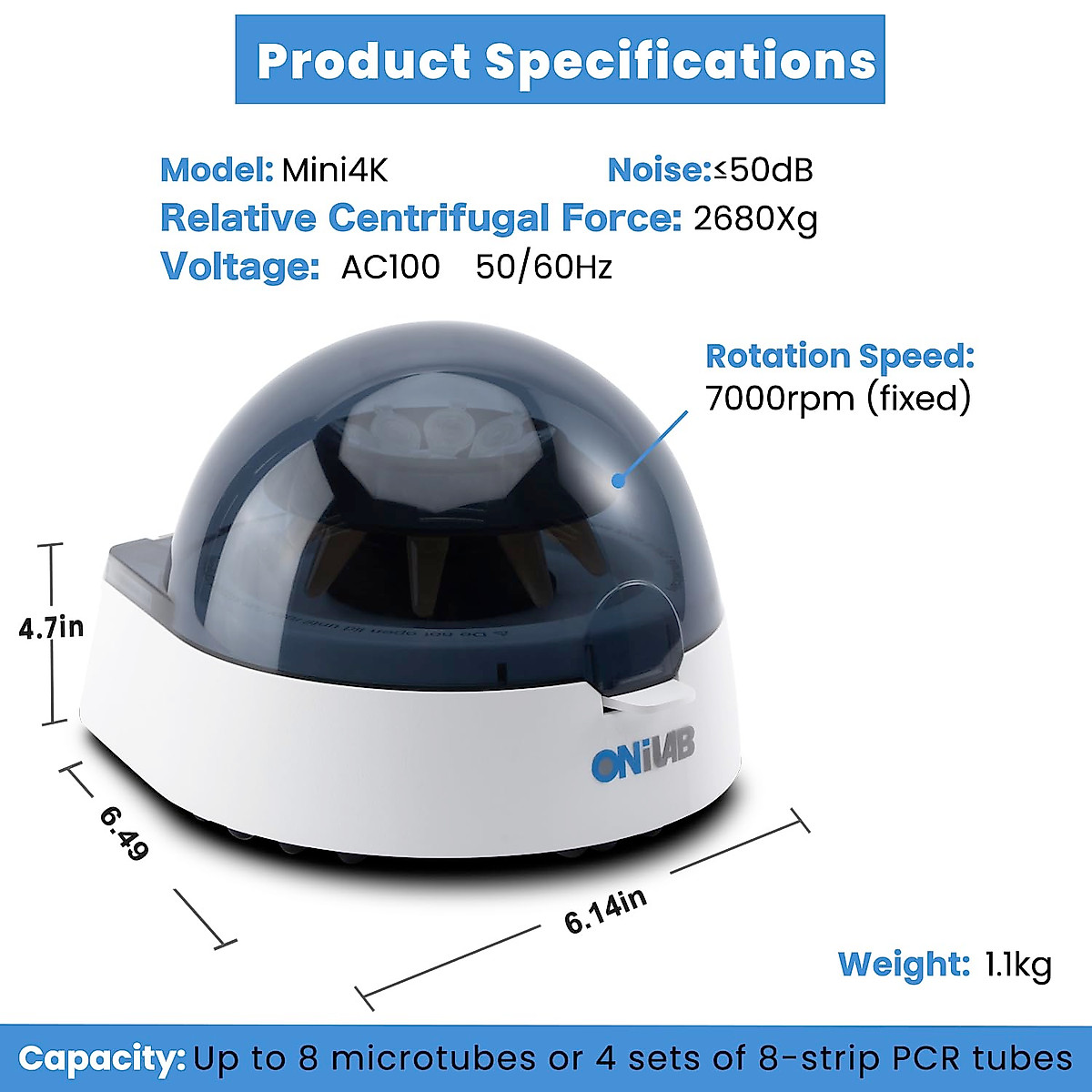 ONiLAB's Scientific Mini Centrifuge 7000RPM, 2680 x g RCF, Lab Benchtop Centrifuge with 2 Rotors for 8 x 0.2/0.5/1.5/2.0ml and 0.2mL×32 PCR Strips, Low Noise≤45dB, 100-240V