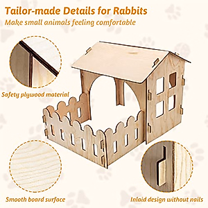 Fhiny Wooden Rabbit Castle Hideout with Fence, Small Animal Rest and Play House Hideaway with Window Detachable Rabbit Bed Hut Bunny Castle for Indoor Chinchilla Guinea Pig Hedgehog