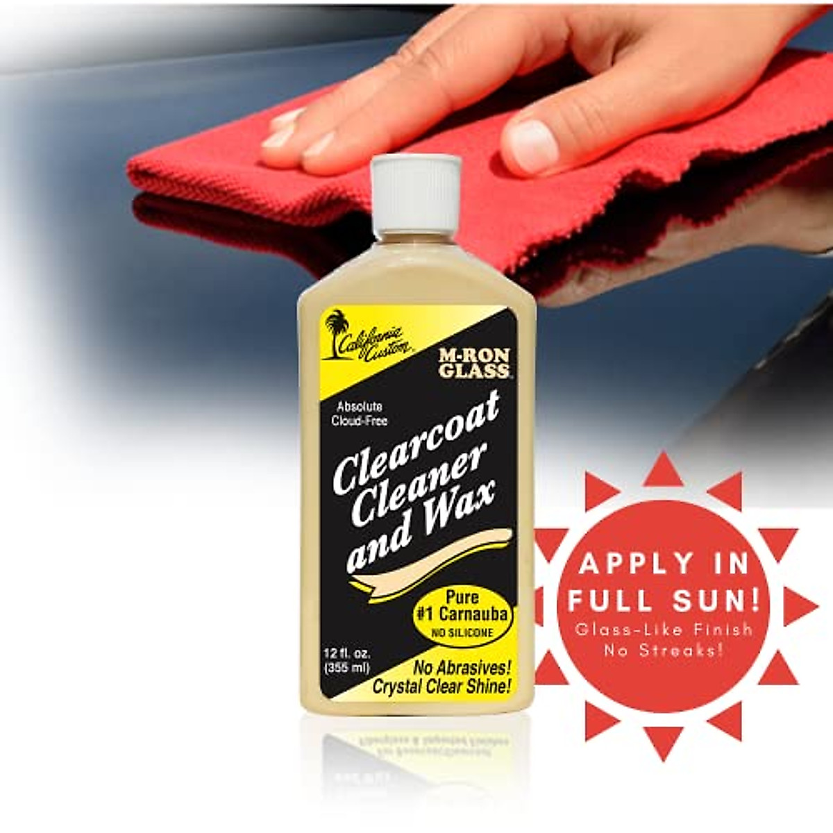 CALIFORNIA CUSTOM Products - M-Ron Glass Clearcoat Cleaner & Wax with Finest Pure #1 Carnauba Wax That Seals and Protects With A Crystal Clear Shine, No Silicone, Body Shop Safe, Can Be Applied In Direct Sun Light! (12 oz Bottle)
