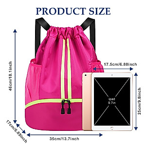 Aucuu Drawstring Backpack, Waterproof Sports Backpack, Large Sports Gym Bag With Shoe Compartment and Water Bottle Mesh Pockets, for Sports Beach Holidays Swimming Travel (Rose Red)
