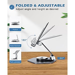 SOJUNER Tablet Stand Holder for Desk, Swivel iPad Stand with 360 Rotating Base, Aluminum Foldable Desktop Stand Holder Compatible with All Tablet Such as iPad Pro 12.9,11,10.5,9.7, Grey