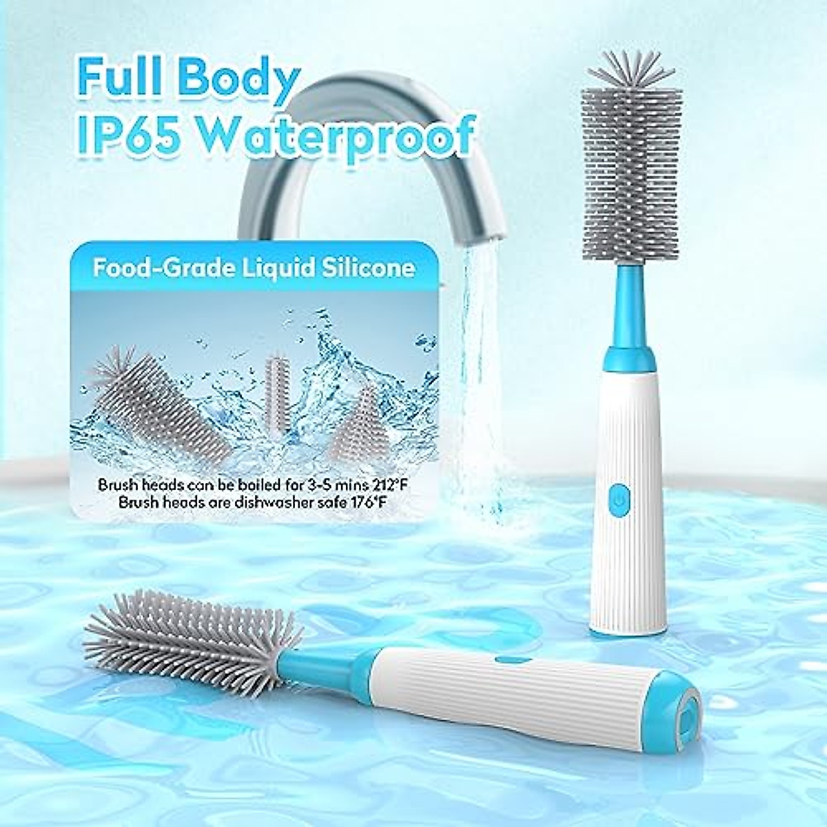 ZRFMIB Electric Bottle Brush Set with Baby Bottle Brush, 2 Nipple Brush, Straw Brush and Extension Handle, Rechargeable Bottle Brush Cleaner, for New Baby Family,Blue