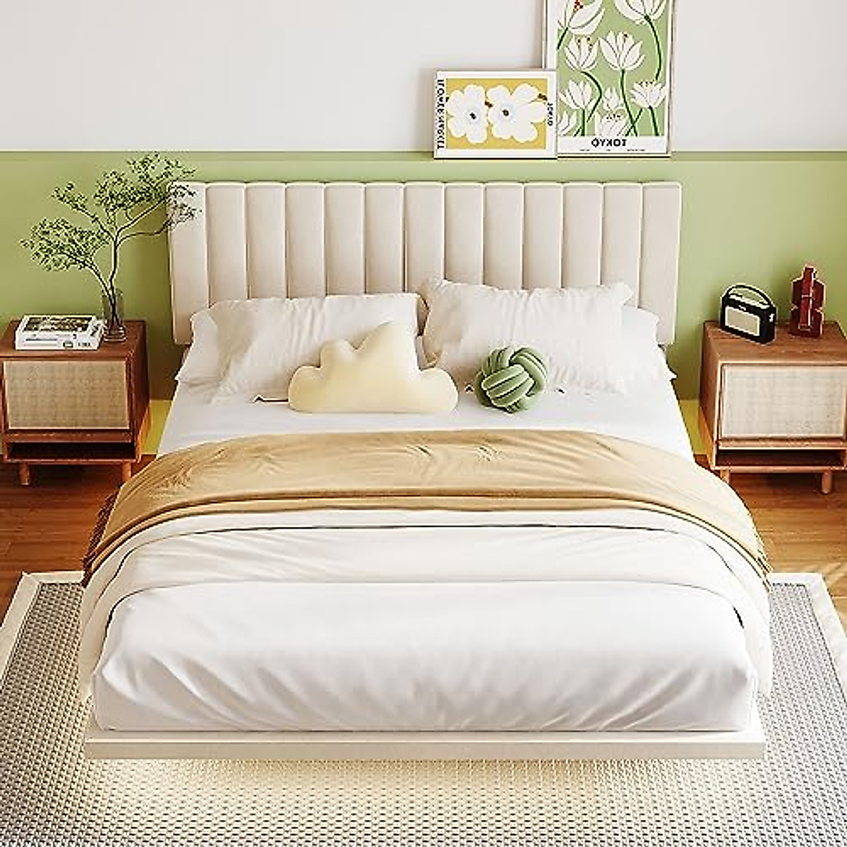 JIVOIT Queen Size Upholstered Bed with LED Lights, Floating Velvet Platform Bed with Headboard and Wood Slats Support, Modern Upholstered Platform LED Bed Frame (Beige-081)