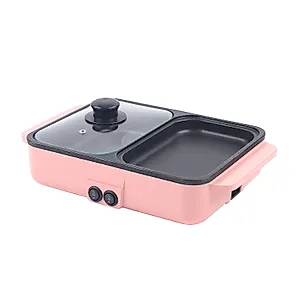 Mini Electric Grill and Hot Pot, 2 in 1 Portable Electric Hot Pot Barbecue Grill Non-Stick Teppanyaki Pan 110V Multifunction Nonstick Griddle & Hot Pot for Steak, Shabu, BBQ - Pink (Pink)