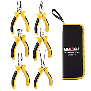 DOWELL 6-piece Mini Pliers Set Needle Nose Diagonal Long Nose Bent Nose End Cutting and Linesman for Making Crafts Repairing Electronic Devices with Pouch
